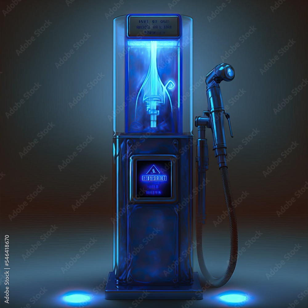 Hydrogen fuel gas stations dispenser pump with blue glowing liquid. H2 ...
