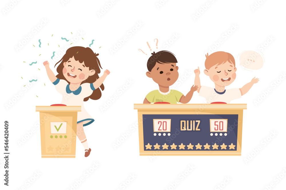 Kids Playing Quiz Game or Mind Sport Standing at Press Button Answering ...