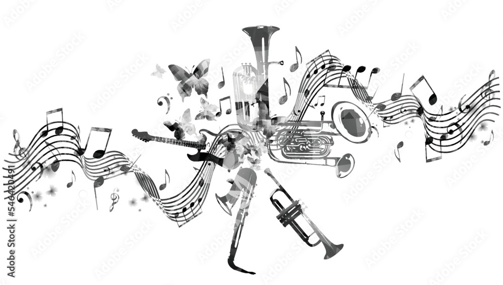 Musical instruments bundle with musical notes isolated. Black and white ...