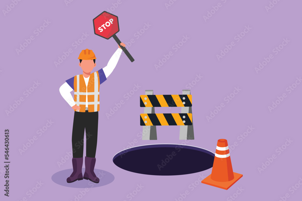 Character flat drawing young construction worker holding stop sign and ...