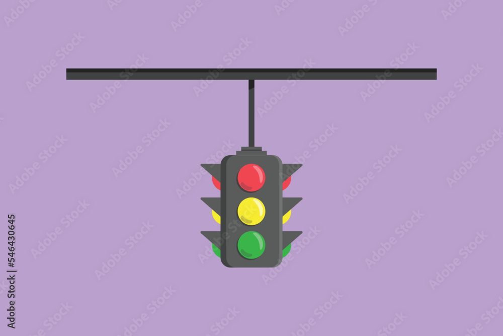 Cartoon flat style drawing traffic lights that are placed hanging above ...
