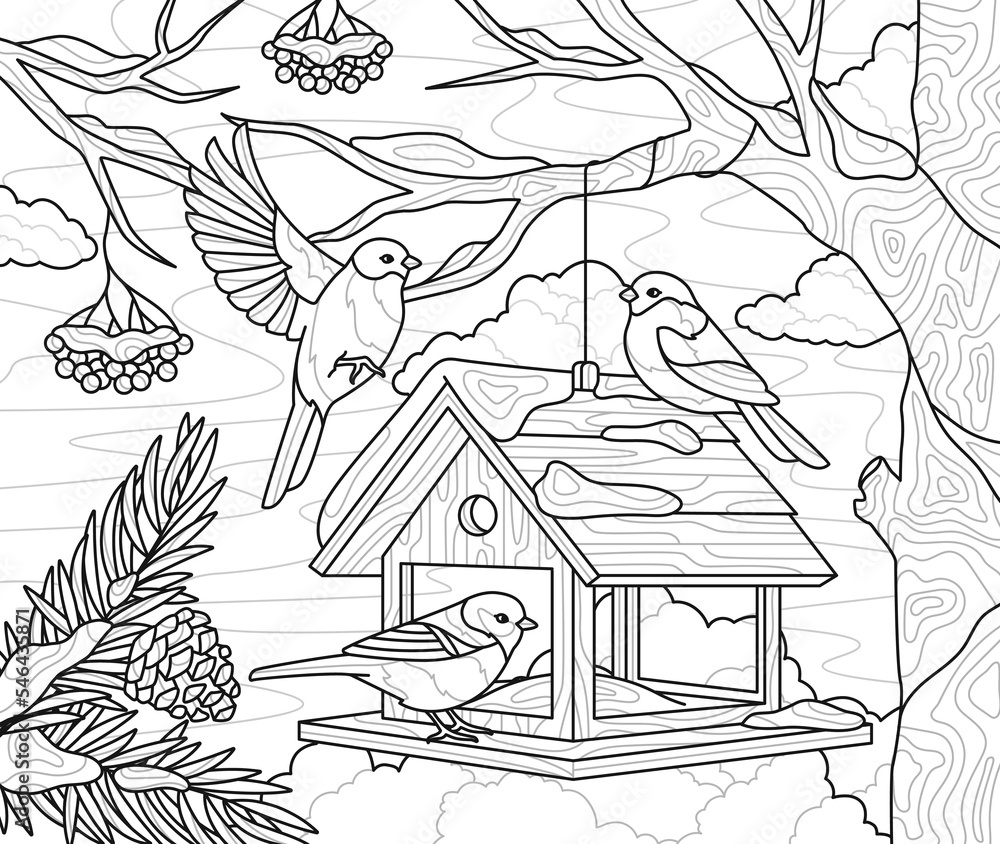 Design for coloring book. Coloring page with wooden bird feeder ...