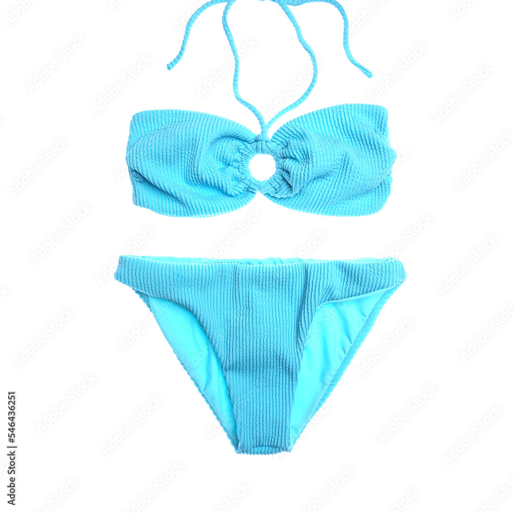Foto de Sky blue swimsuit front on white background, swimming costume ...