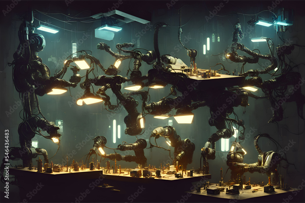 3d abstract render of machines fixing other machines in a workshop of ...