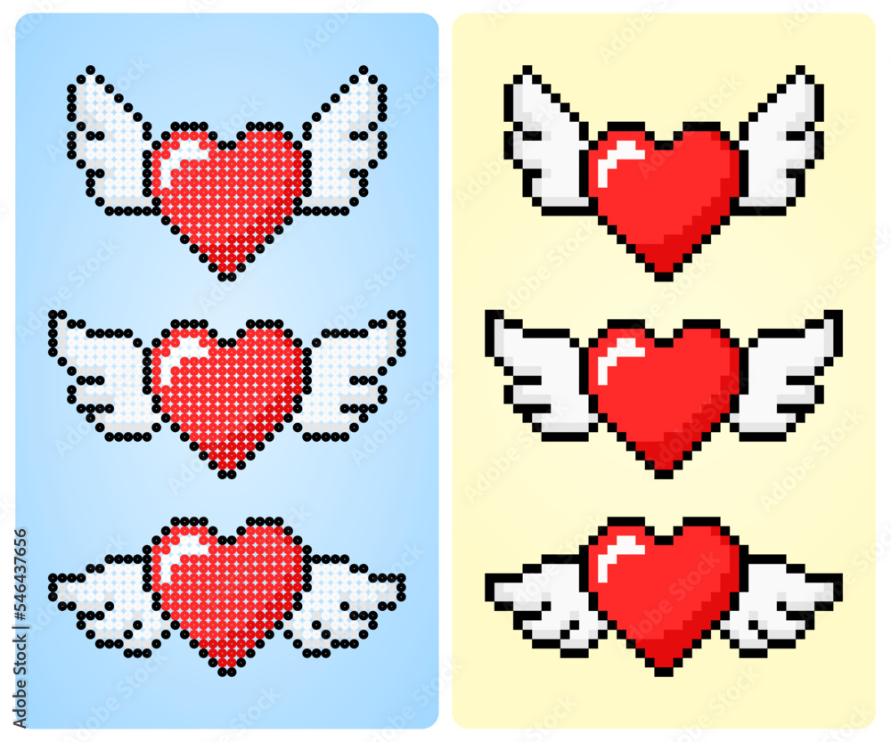 8 bit pixel love. Heart icon with wing in vector illustration for game ...