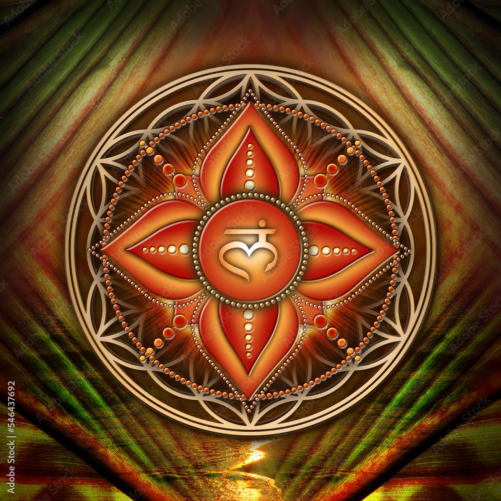 ROOT CHAKRA (1. Chakra, Muladhara) on mystical Flower of Life background. It stands for: Energy ...