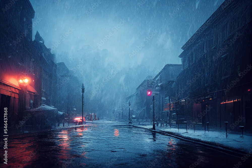 Snowy Tokyo Street at night with neon signs and blue neon lights at ...