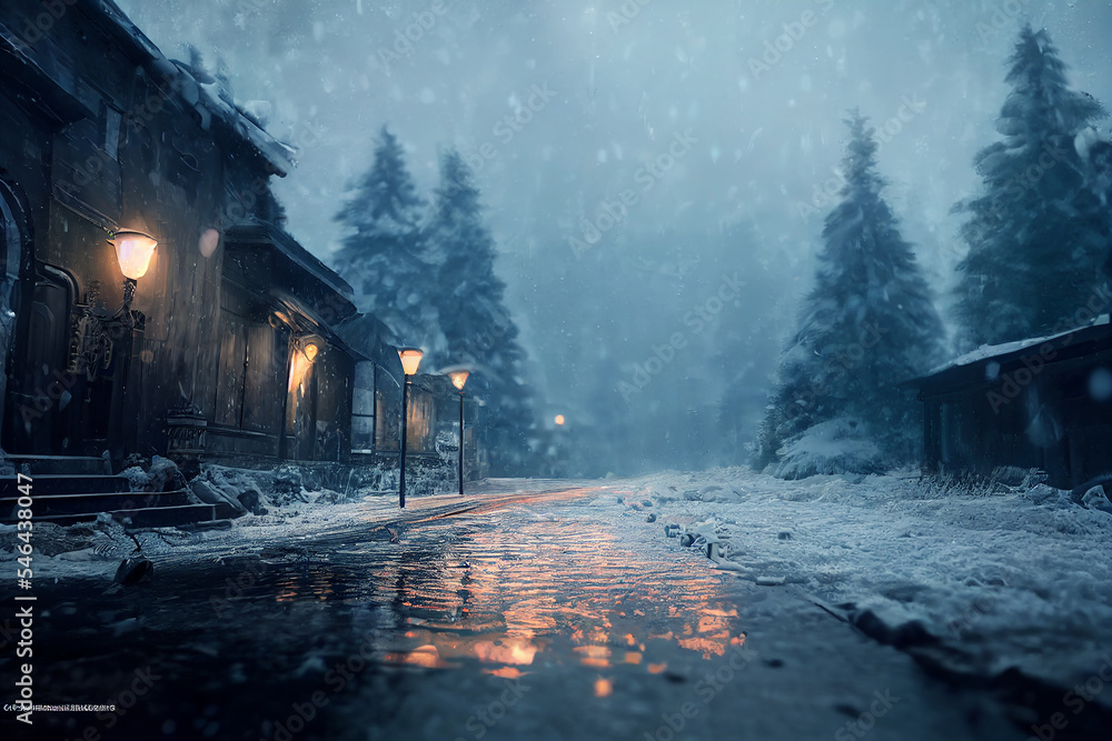Snowy Tokyo Street at night with neon signs and blue neon lights at ...