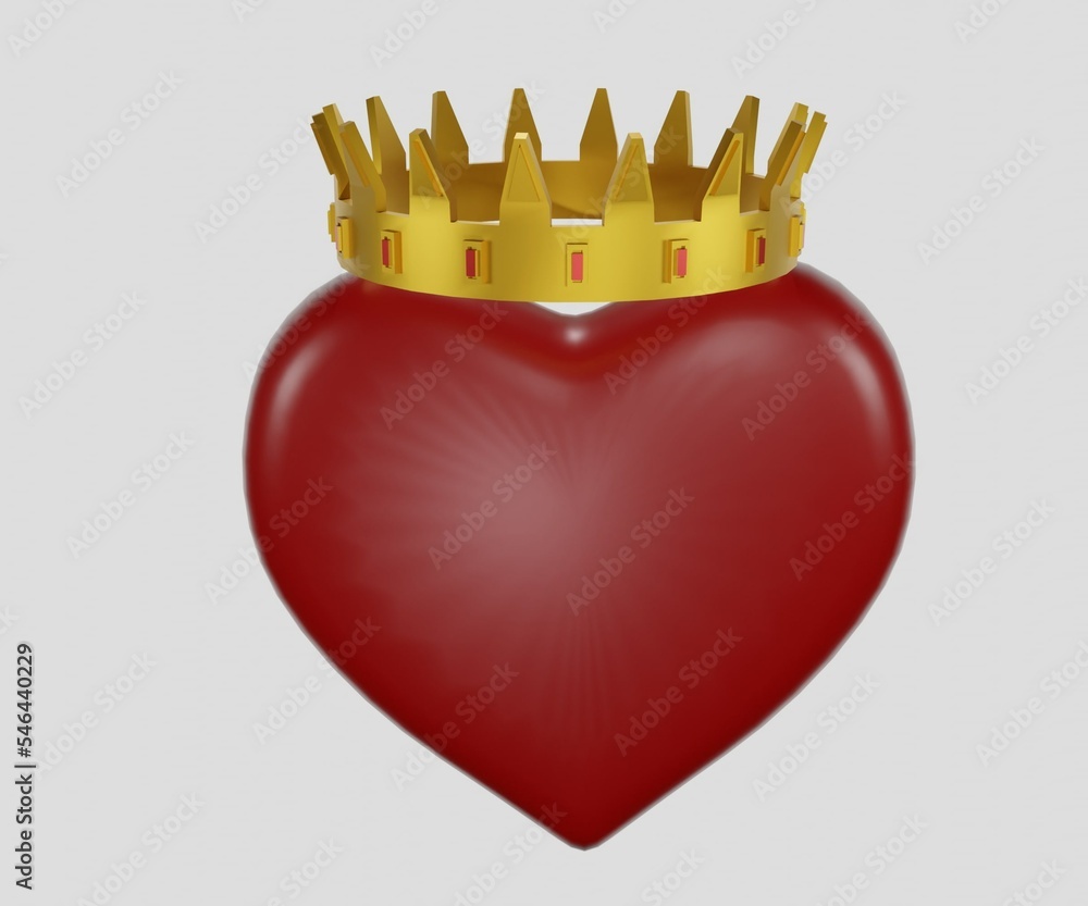 Isolated heart shape with gold crown 3d rendering in the white ...