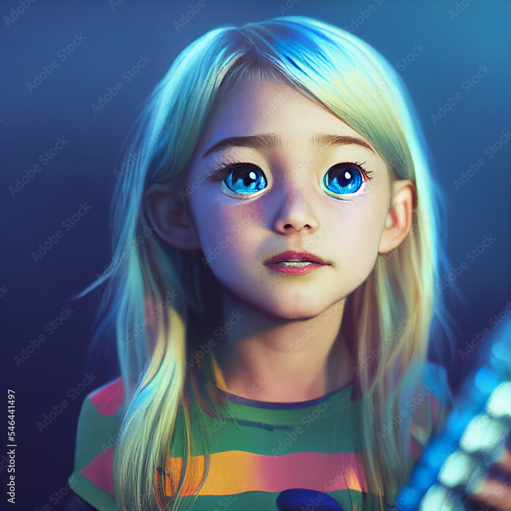 Realistic cartoon style blonde girl with blue anime eyes holding a ...