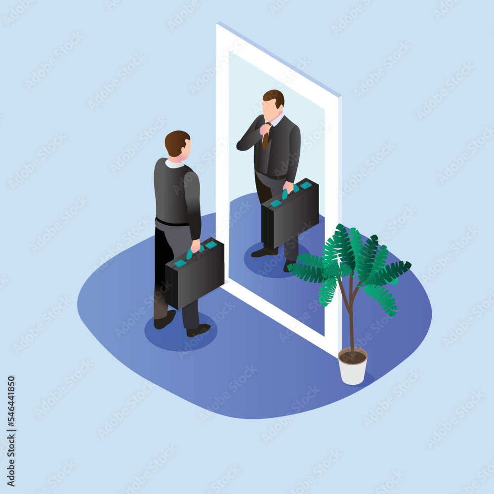 The businessman stood in front of the mirror, taking a moment to assess ...