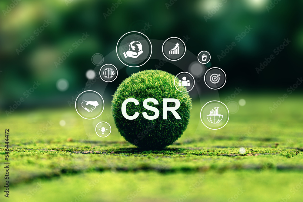 Crystal globe putting on moss with CSR icon, Corporate social responsibility and society ...