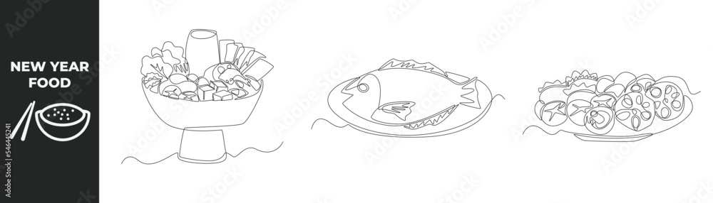 Single one line drawing new year food set concept. Sumptuous homemade ...