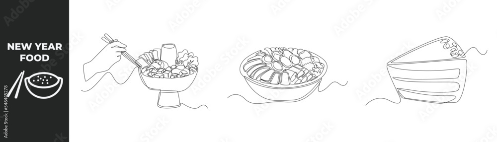 Single one line drawing new year food set concept. Hand ready to enjoy ...