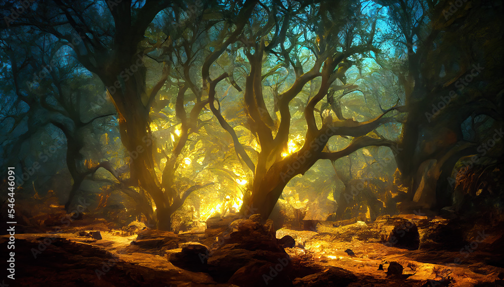 Beautiful and Mystery Deep Forest and Trees. Creative Fantasy Backdrop ...