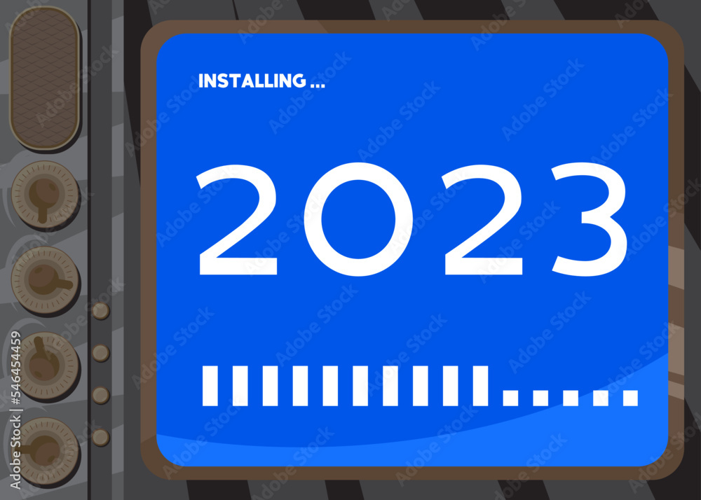 Cartoon Computer With the number 2023. Message of a screen displaying ...