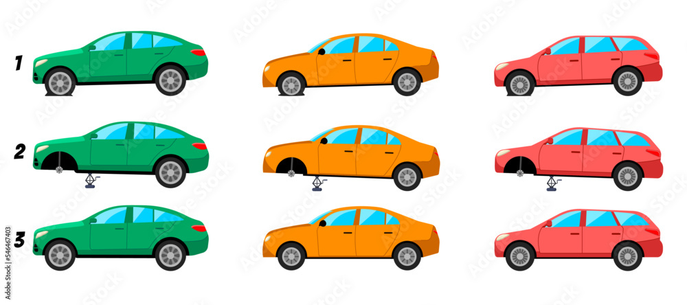 Cars with flat and fixed tires cartoon illustration. Process of fixing ...