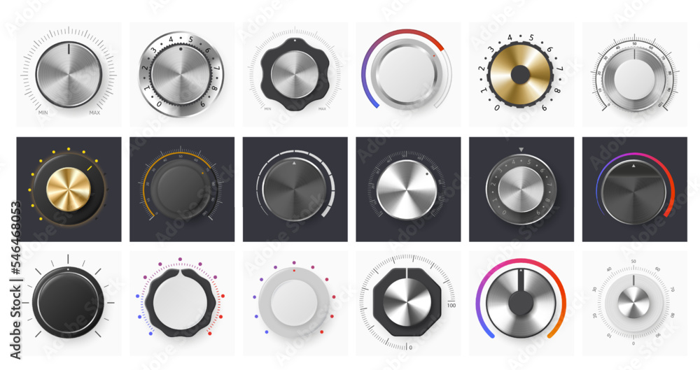 Volume control knob. Amplifier round dial level regulator, metal ...