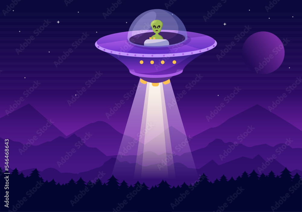 Vettoriale Stock UFO Flying Spaceship with Rays of Light in Sky Night ...