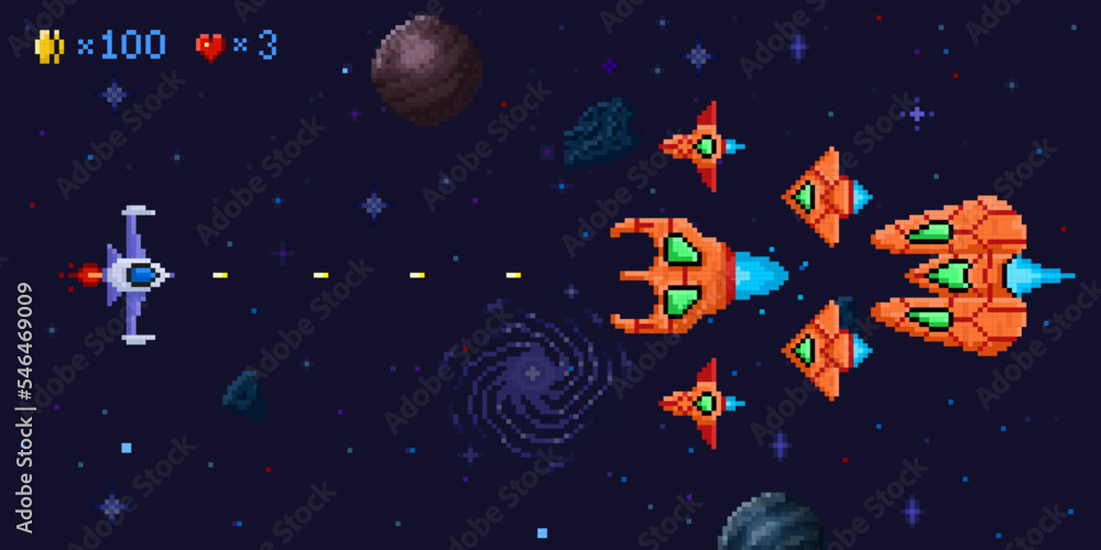 Space battle arcade game level. Pixel art galactic battle, defender ...