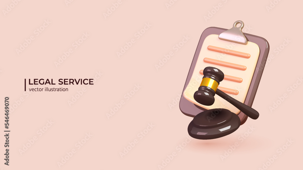 3D Law Service. Realistic 3d design of Judge hammer and Paper clipboard ...