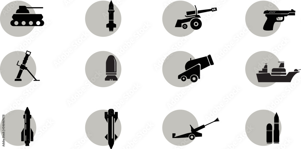 icon set with the concept of Weapon objects and isolated weapon symbols ...