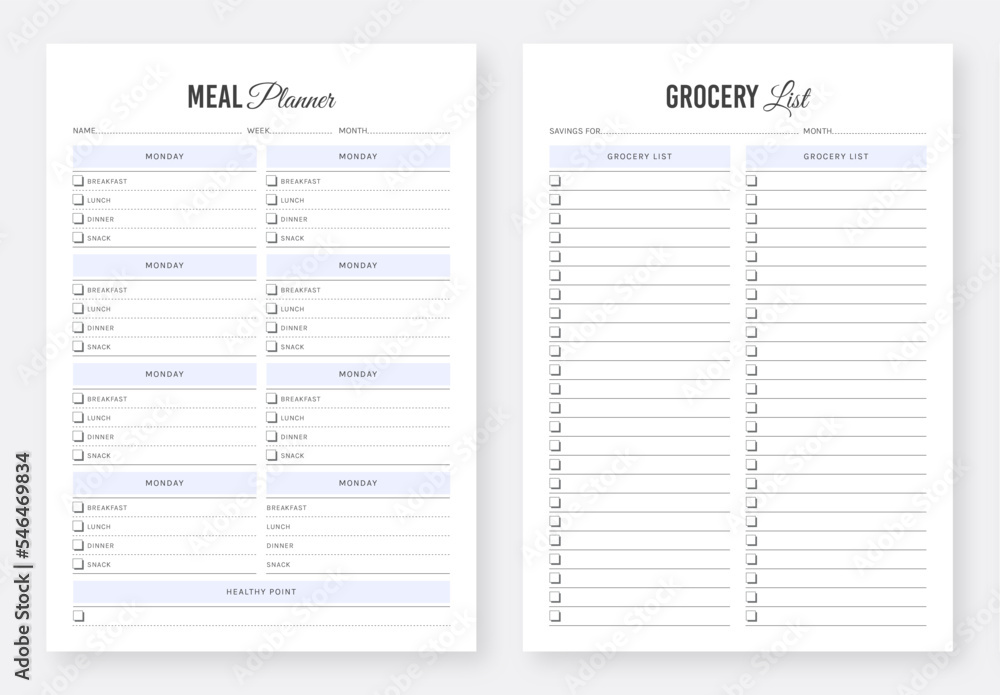 Daily and Weekly Meal Planner with Grocery List. Shopping List. 2 set ...