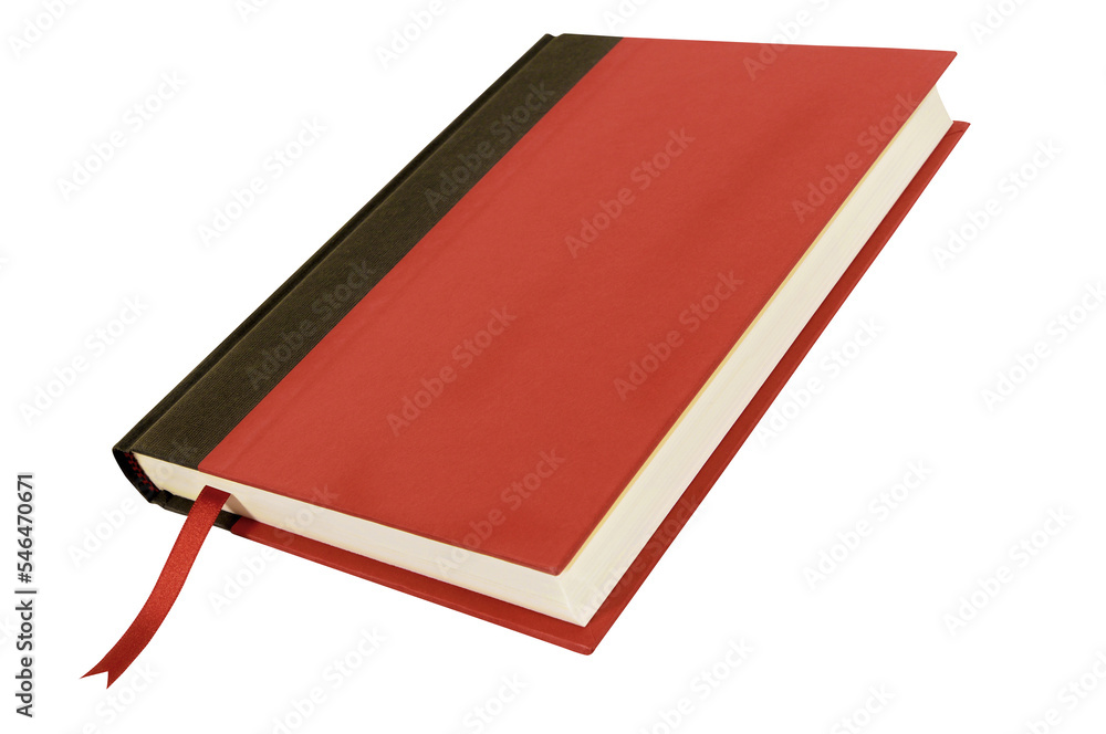 Red text book with ribbon bookmark laid flat closed isolated ...