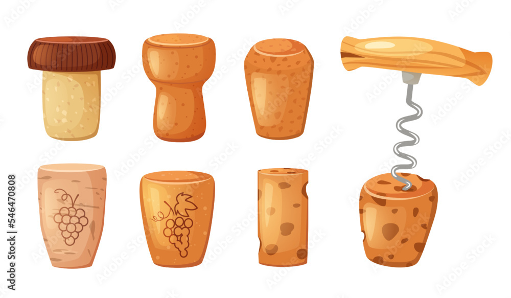 Cartoon wine corks. Different types bungs for bottles, champagne cork ...
