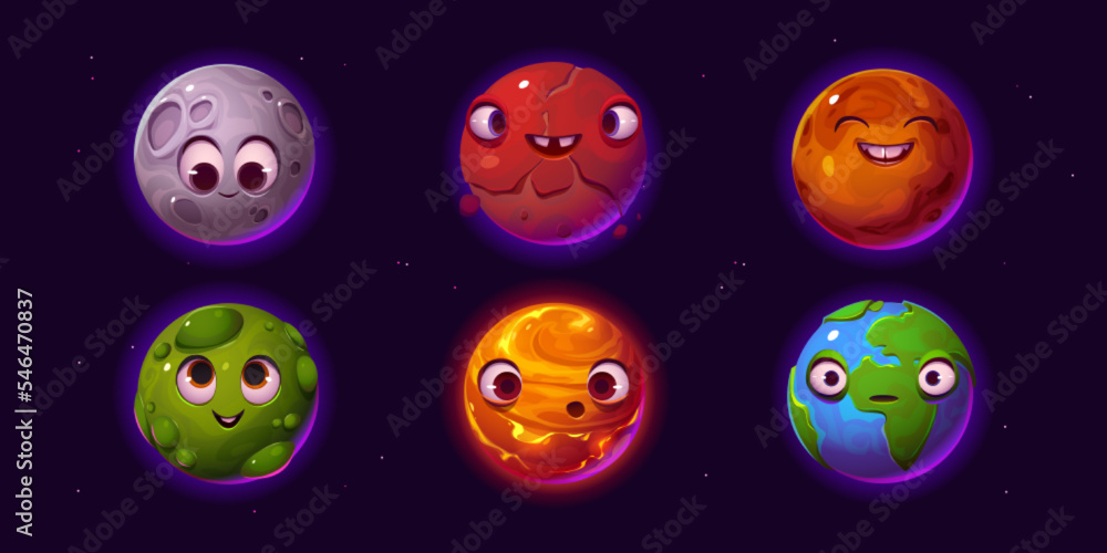 Set of cartoon planet characters isolated on sky background. Vector ...