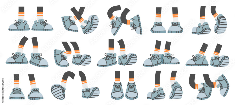 Cartoon foots with sneakers. Comic legs with shoes in walk, stand and ...