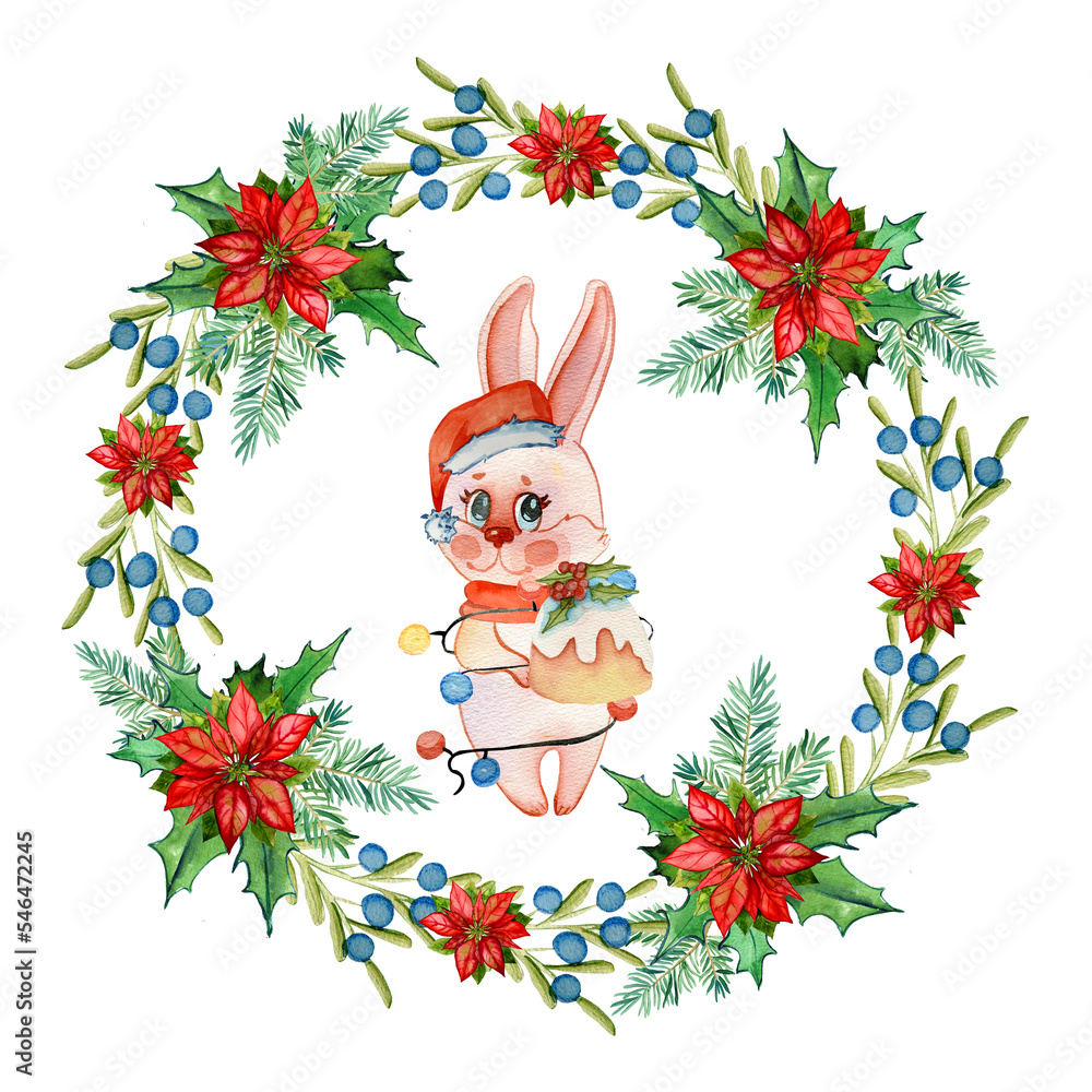 Christmas party scene with cute bunnies in a beautiful Christmas wreath ...