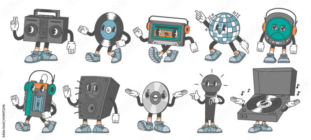 Retro music characters. Disco ball mascot, vinyl record, 80s cassette ...