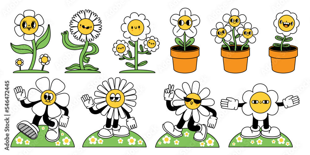 Cartoon flower mascot. Happy daisy in pot, cool spring mascot and retro flowers characters with ...