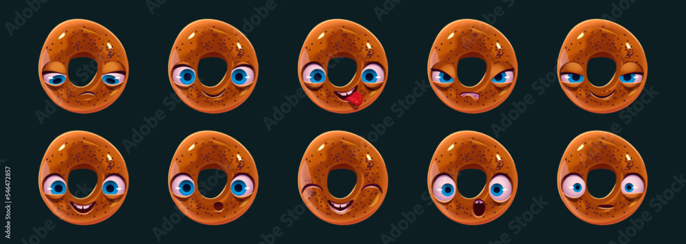 Cute bagel character face emoji set. Cartoon kawaii bakery with poppy ...