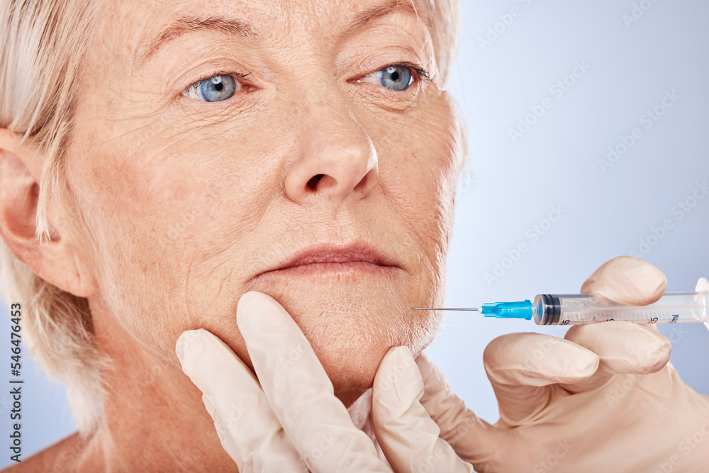 Plastic surgery, botox and senior woman with needle, skincare injection ...