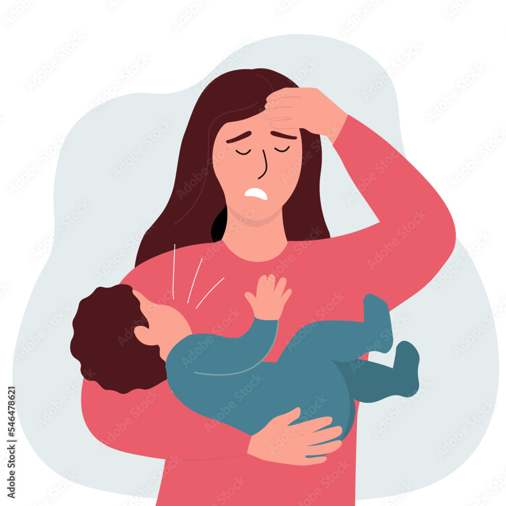 A mother with a child in her arms. The baby is crying, the woman has a ...