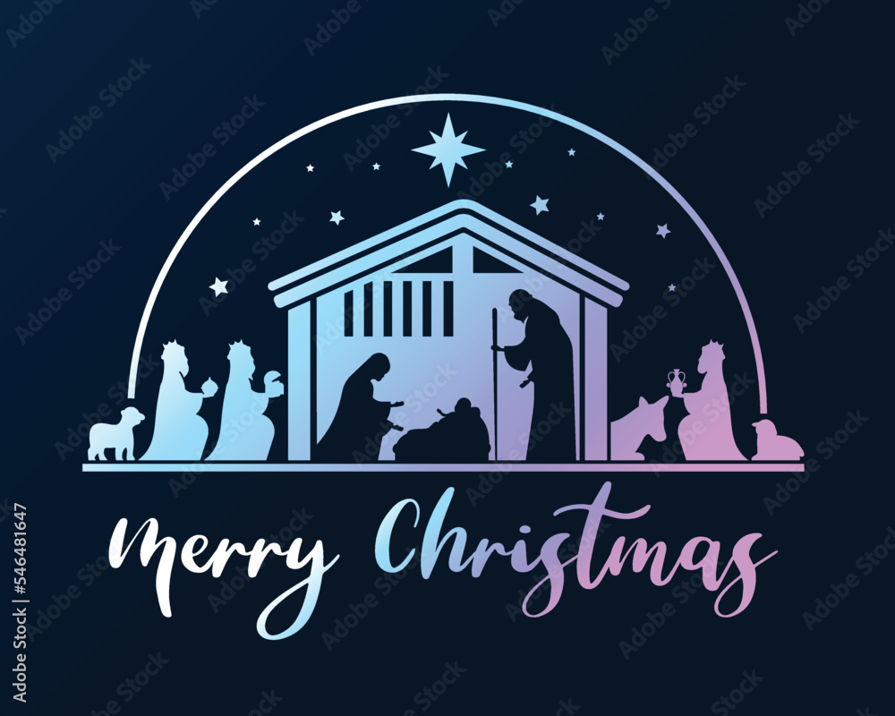 Merry christmas with gradient blue purple Nativity of Jesus scene and ...