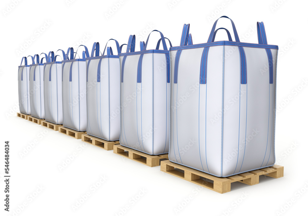 Row of big bulk bags on wooden pallet - 3D illustration Stock ...