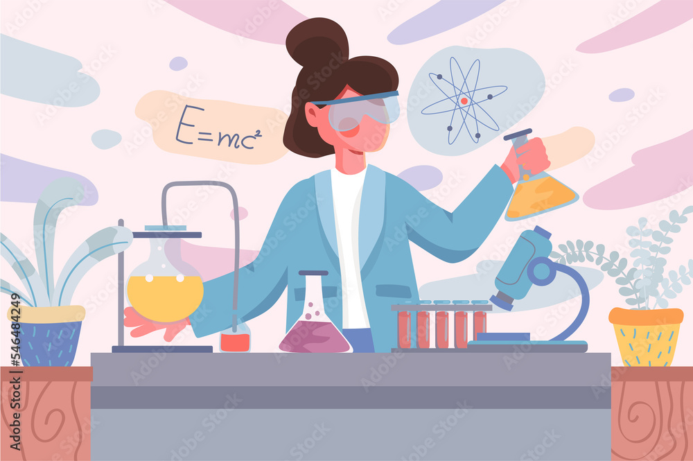 Laboratory banner. Woman scientist doing tests in flasks in lab ...