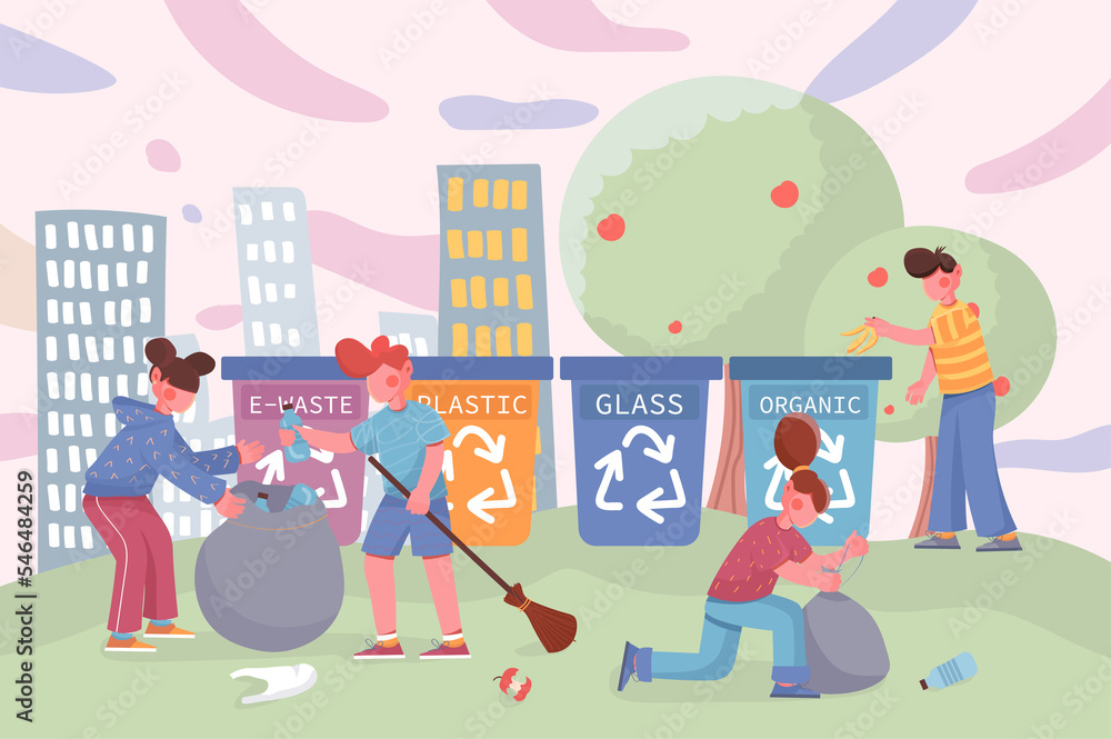 Waste recycling banner. Children remove trash and sorting it to bins at ...