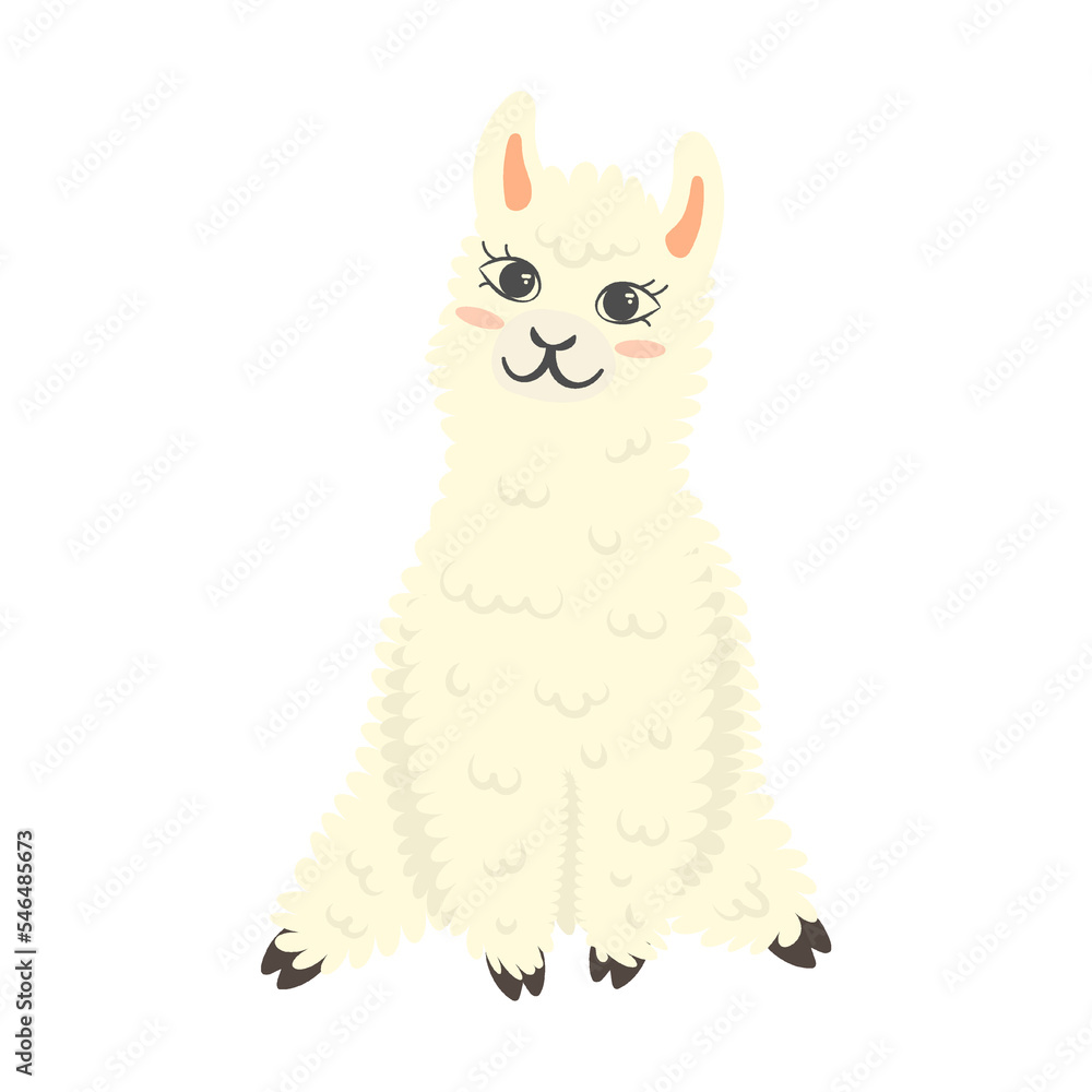 Cute lama sits and smiles cheerfully, cartoon vector illustration ...