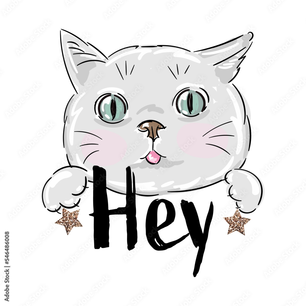 Cute Cat girl or boy with slogan say Hey. Hand drawn character art ...