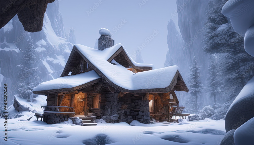 Fotografía Small wooden house built inside a snowy cave with arcane ...