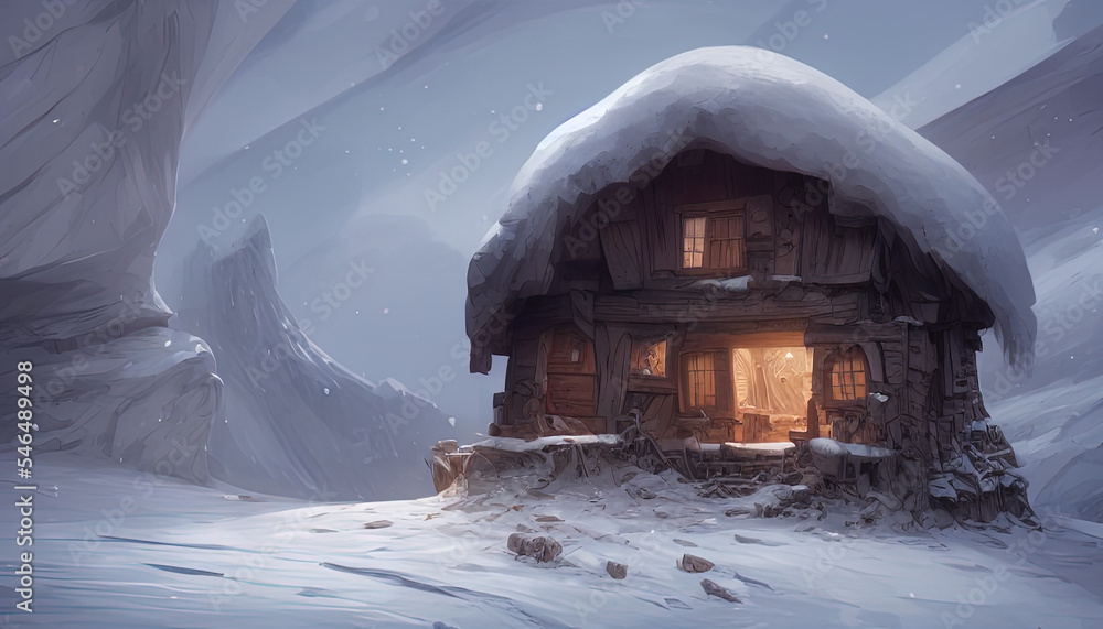 Photo & Art Print Small wooden house built inside a snowy cave with ...