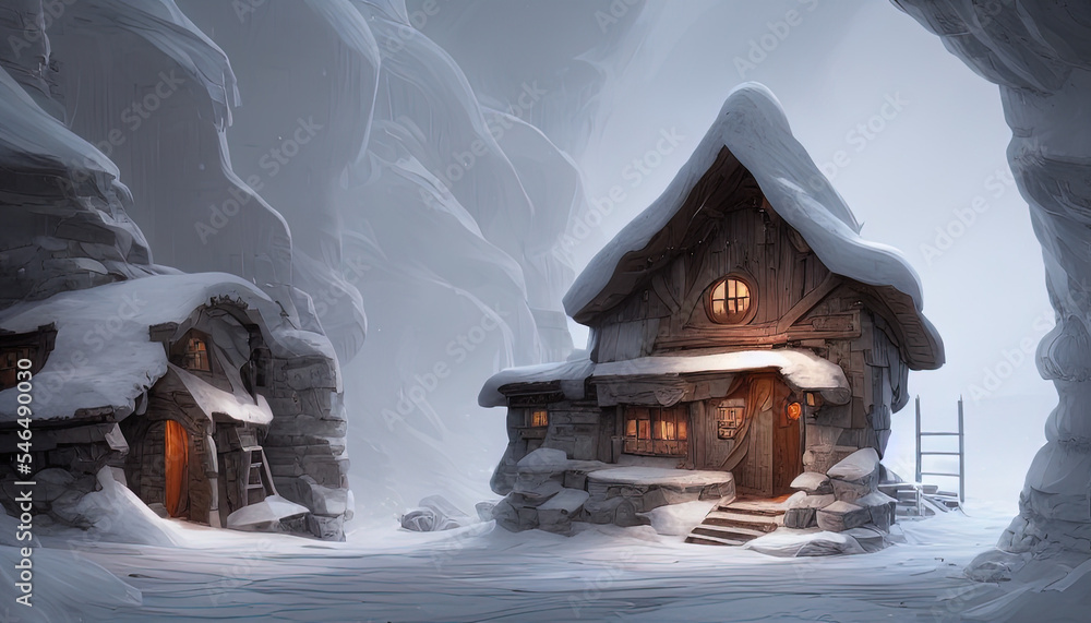 Photo & Art Print Small wooden house built inside a snowy cave with ...