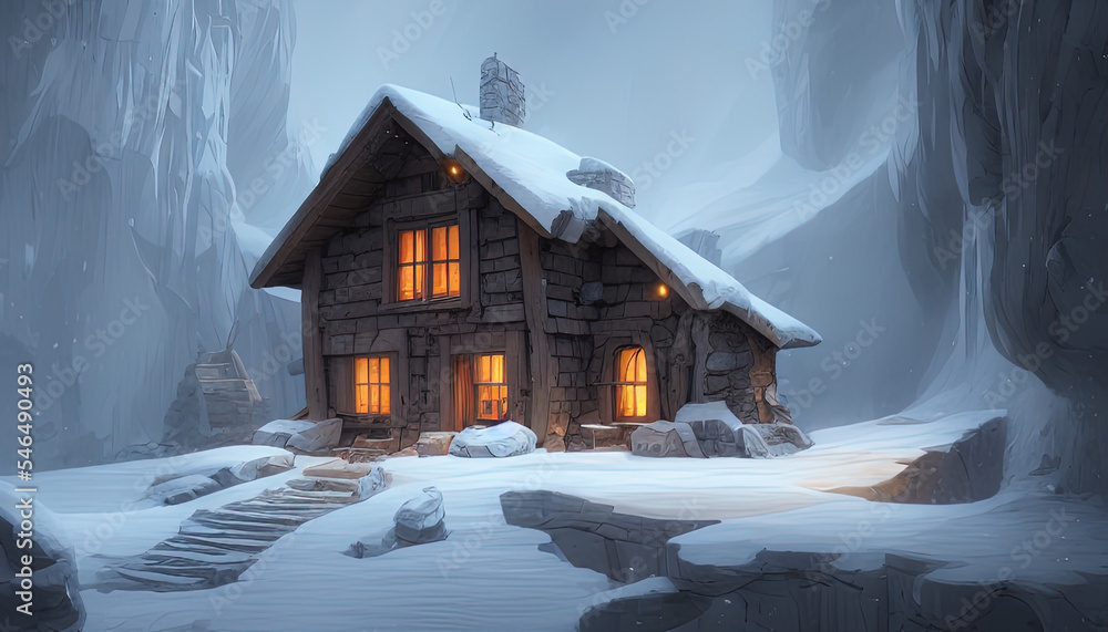 Photo Small wooden house built inside a snowy cave with arcane style ...