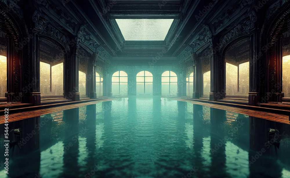 Majestic Palace Hall Interior Swimming Pool Interior. Fantasy Backdrop ...