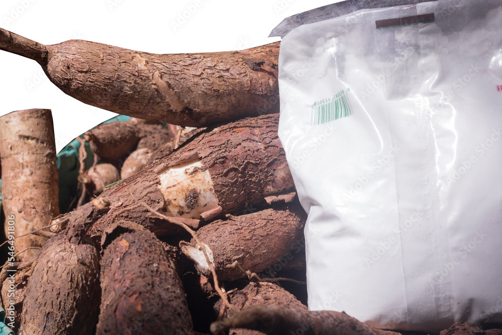 packaged cassava root and organic cassava root starch. clipping path ...