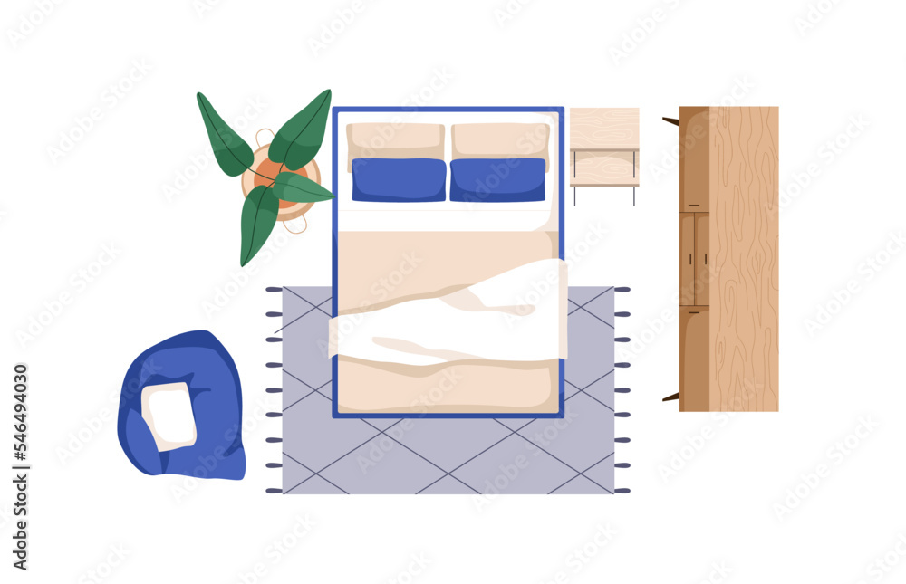 Bedroom interior top view. Double bed with pillows and blanket ...